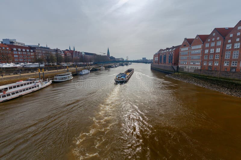 Bremen. Self-propelled Barge on the River. Stock Image - Image of river ...