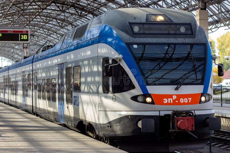 BREST, BELARUS - OCTOBER 18, 2019: Modern Blue Train on Railway Station ...
