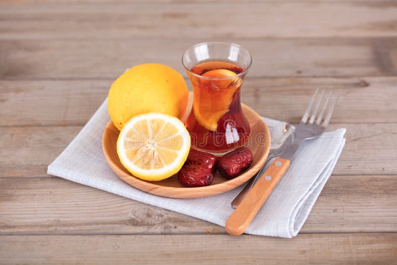 Brewed Turkish Black Tea with Lemon Stock Image - Image of dates ...