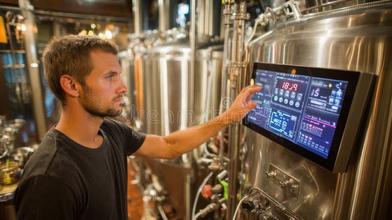 Brewer Adjusting Settings on a Computerized Control Panel in a Brewery ...