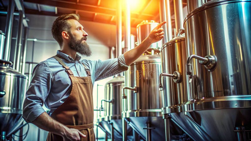 Brewer Explaining Fermentation Process Close Up on Brewing Vessels ...