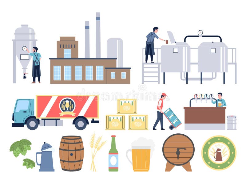 Brewery Elements and Factory Scenes. Flat Pub Drinks, Industrial ...