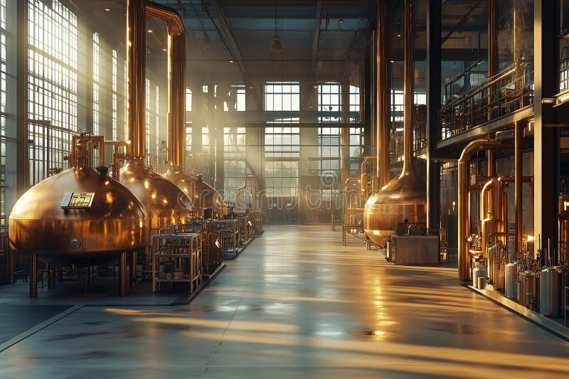 A Modern Brewery Interior Featuring Large Copper Fermentation Tanks ...