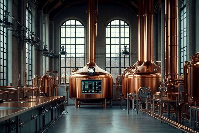 A Modern Brewery Interior Featuring Large Copper Fermentation Tanks ...