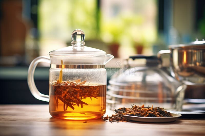 Brewing Black Tea in a Clear Glass Teapot, Close View Stock Photo ...