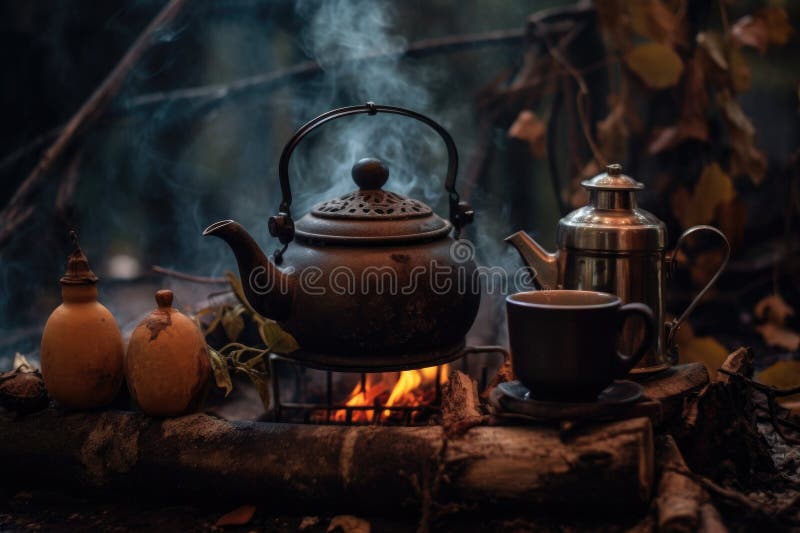 Brewing Chai Tea in a Vintage Teapot Over Open Campfire Flames Stock ...