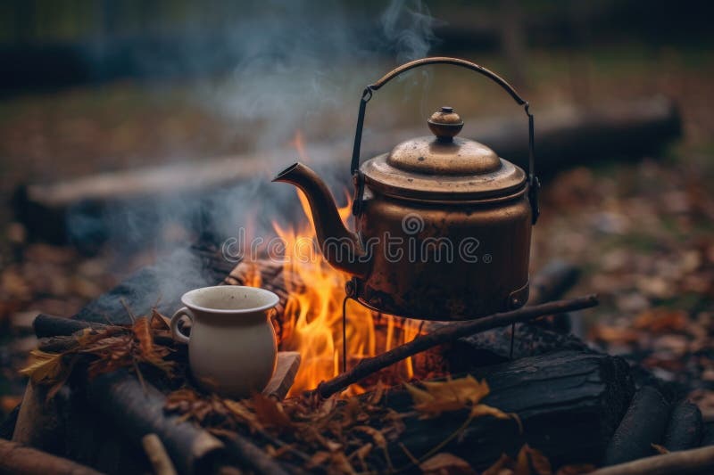 Brewing Chai Tea in a Vintage Teapot Over Open Campfire Flames Stock ...