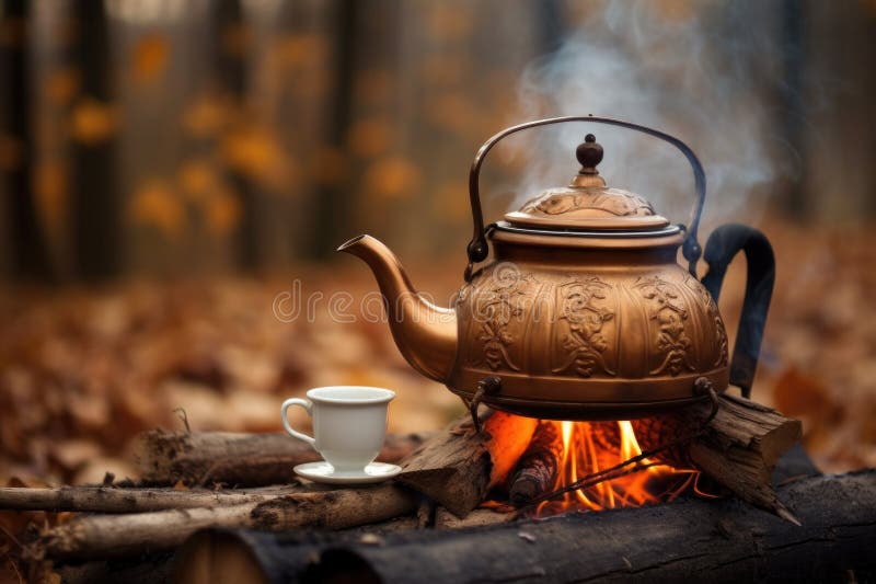 Brewing Chai Tea in a Vintage Teapot Over Open Campfire Flames Stock ...