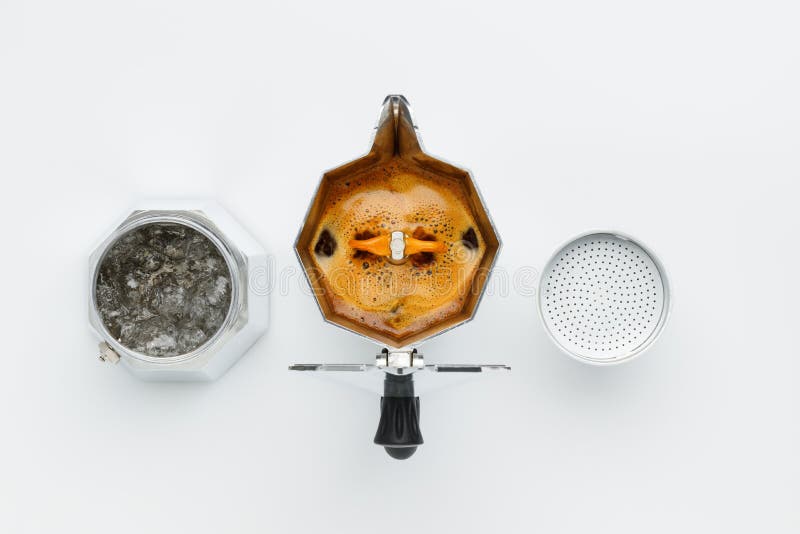 Brewing Coffee in a Coffee Maker Top View on a White Background. Stock ...