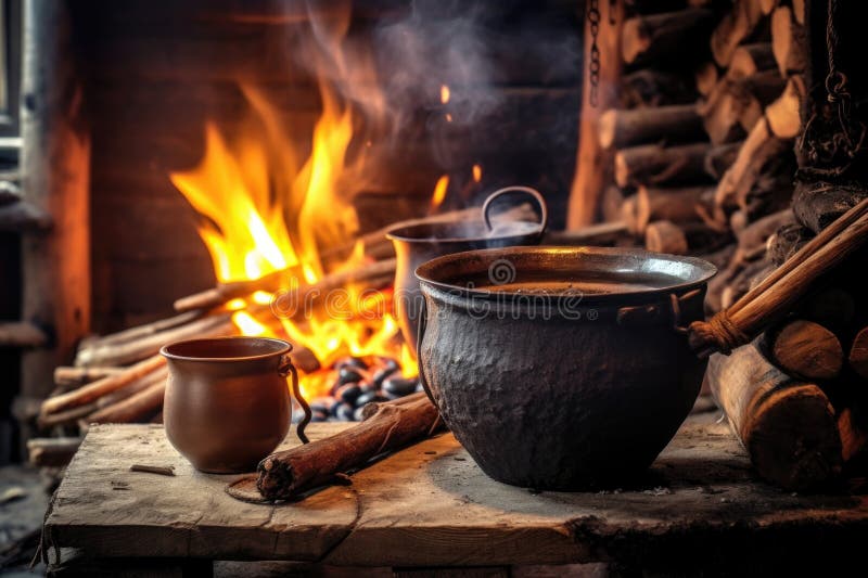 Brewing Coffee in a Rustic Pot Over Open Fire Stock Image - Image of ...