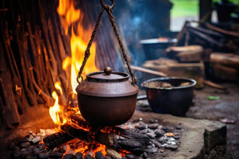 Brewing Coffee in a Rustic Pot Over Open Fire Stock Illustration ...