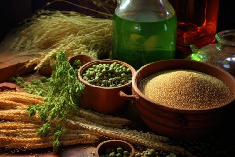 Brewing Ingredients Like Barley, Hops, and Yeast Close-up Stock ...