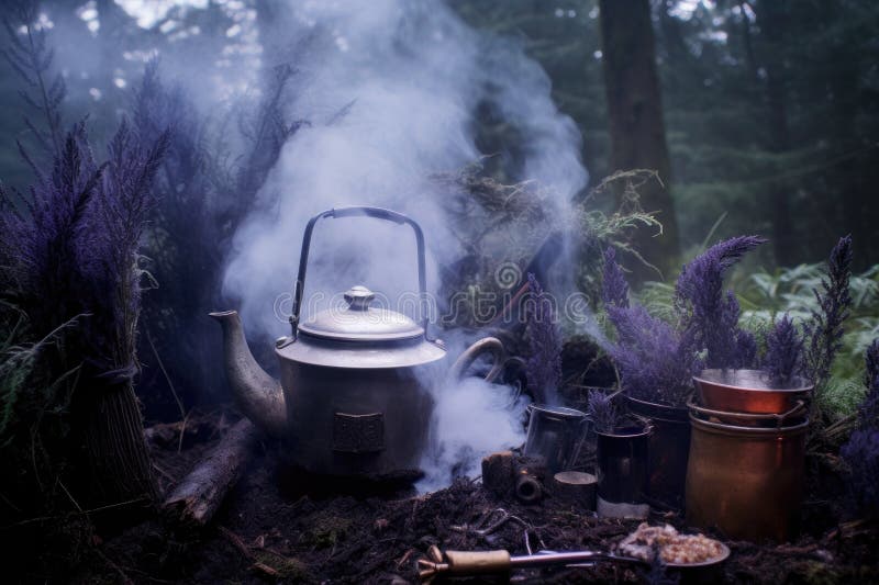 Brewing Lavender Tea in a Kettle with Campfire Smoke Stock Illustration ...