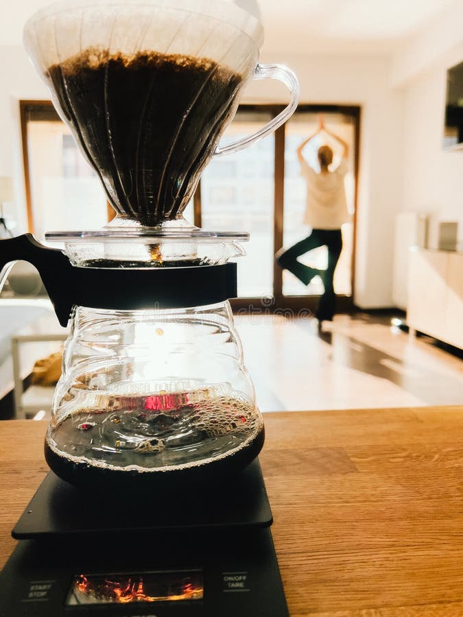 Brewing Specialty Coffee Using Precision Scale, Wooden Surface ...