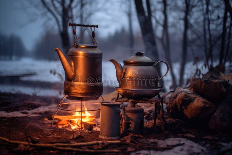 Brewing Tea on Camp Stove with Campfire Nearby Stock Illustration ...