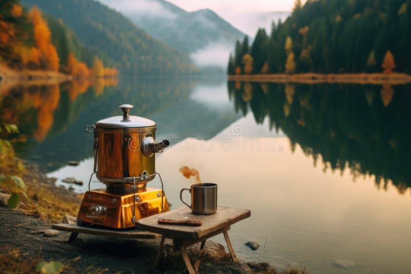 Brewing Tea with Camp Stove Near a Tranquil Lake Stock Illustration ...