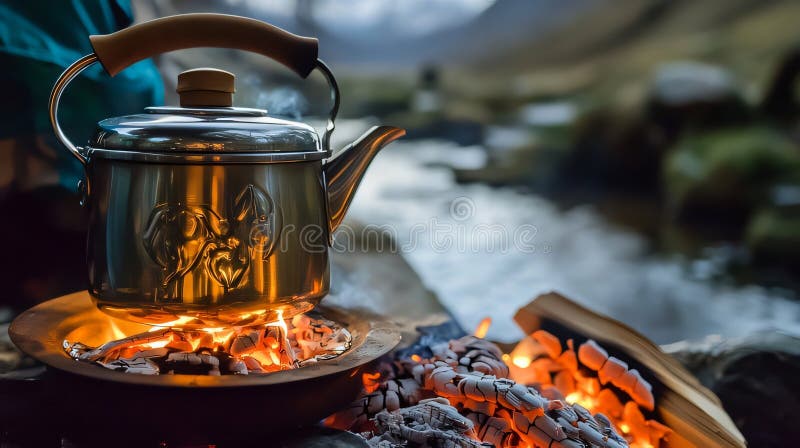 Brewing Tea Over Campfire by a Mountain Stream on Camping Trip Stock ...