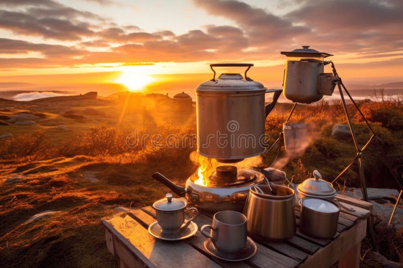 Brewing Tea with Teabags and Kettle on Camp Stove at Sunrise Stock ...