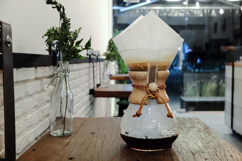 Brewing Third Wave Coffee with Chemex Glass on Wooden Table Stock Photo ...