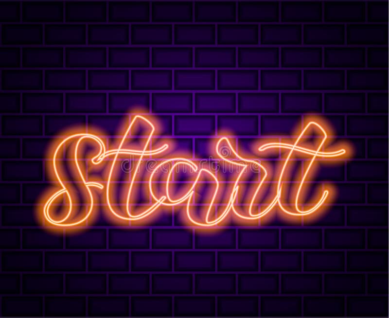 Brick Background Start Neon Lettering Vector Illustration Stock