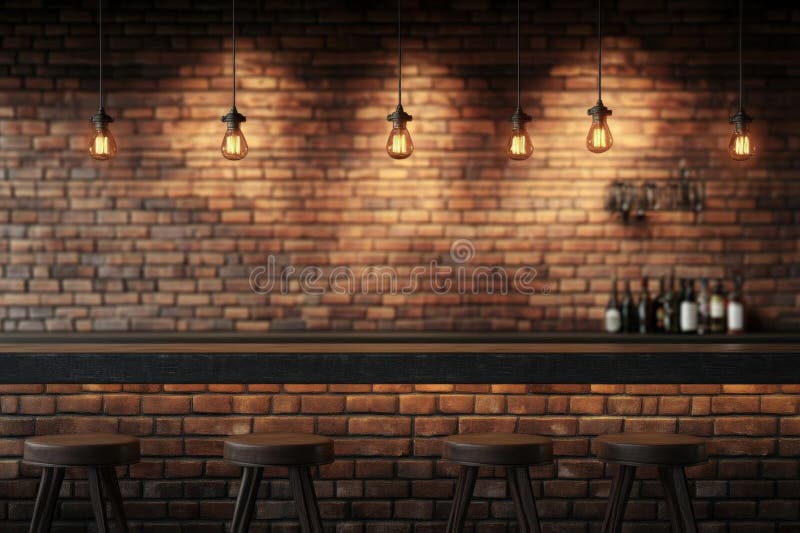 Brick Bar Interior Design with Warm Lighting and Stools Stock ...
