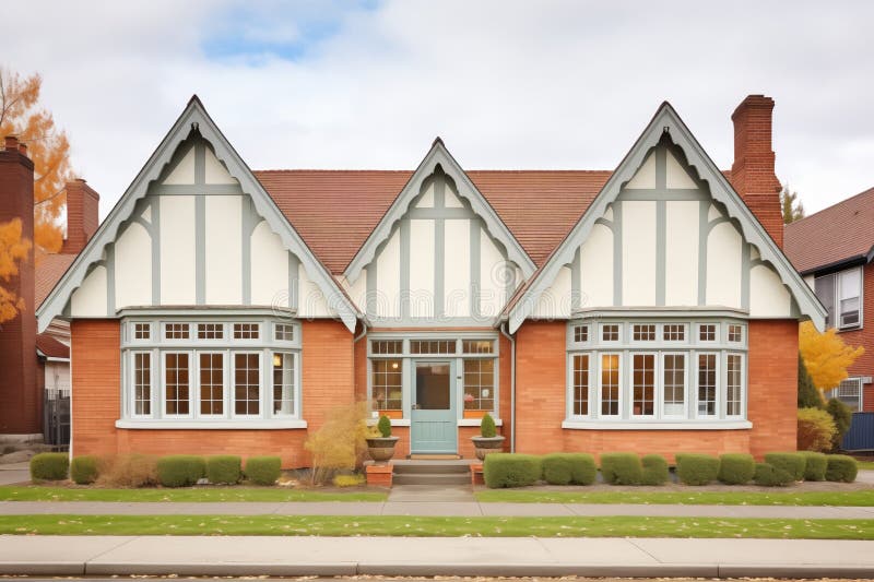 Brick Base with Tudor Bay Windows Stock Image - Image of traditional ...