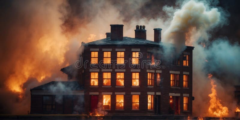 Brick Building Engulfed in Flames with Smoke Billowing from Windows ...