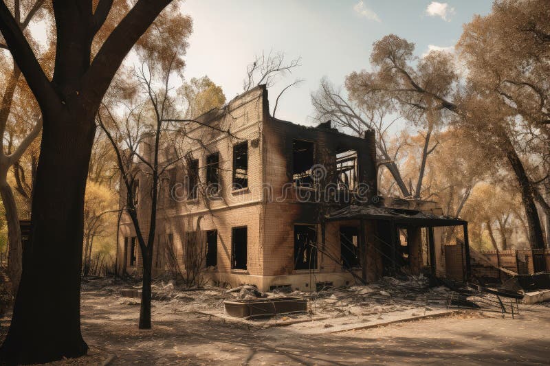 Brick Building with Fire Damage, Surrounded by Scorched and Blackened ...
