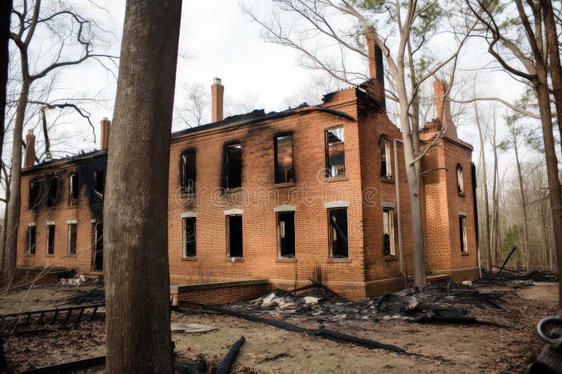 Brick Building with Fire Damage, Surrounded by Scorched and Blackened ...