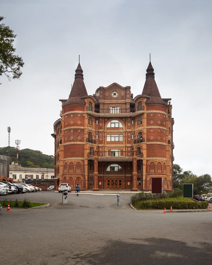 Brick Building of Interesting Architecture in the City District, Autumn ...