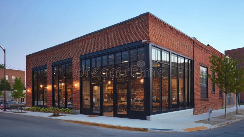 Brick Building with Large Glass Windows and Streetside View Stock ...