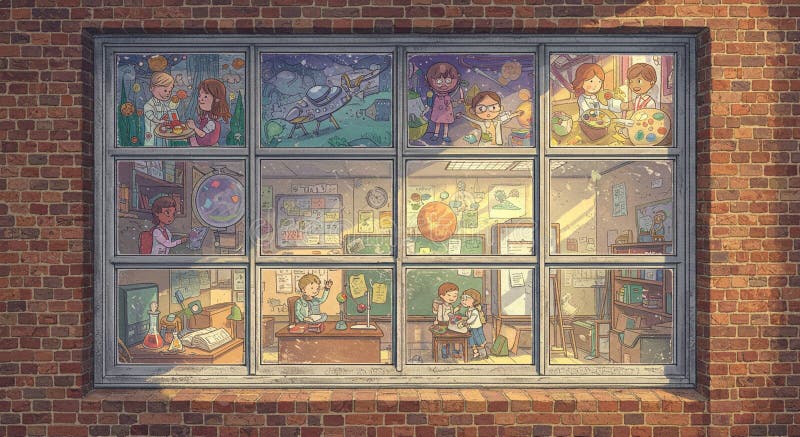 Brick Building with a Large Window Divided into Nine Sections. Each ...