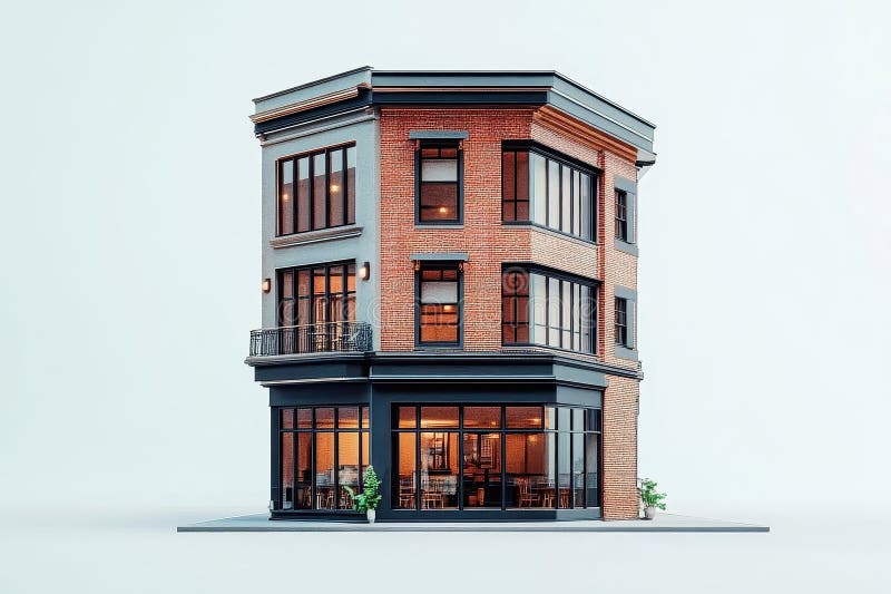 Brick Building with Large Windows and Corner Shop, Modern Architecture ...