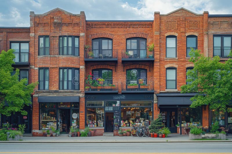 A Brick Building with a Store Front and a Balcony Stock Photo - Image ...
