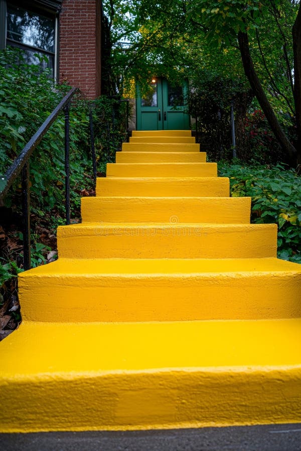 On a Brick Building, There is a Teal Door with Bright Yellow Steps ...