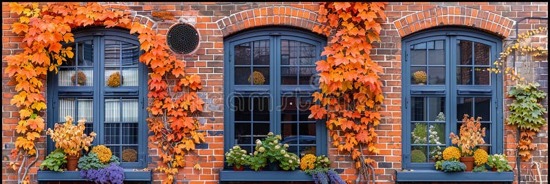 A Brick Building with Three Windows Featuring Vibrant Fall Foliage ...