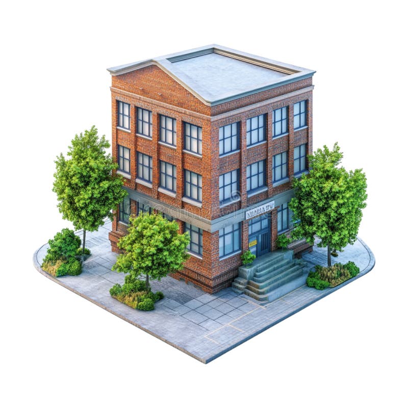 Brick Building with Trees Architectural 3D Model on Transparent ...