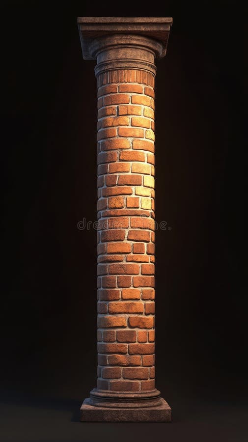 Brick Column with Decorative Base and Capital, Isolated Against a Black ...