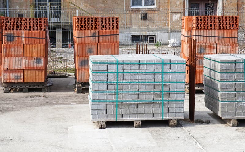 Brick and Concrete Construction Materials Stock Image - Image of pallet ...