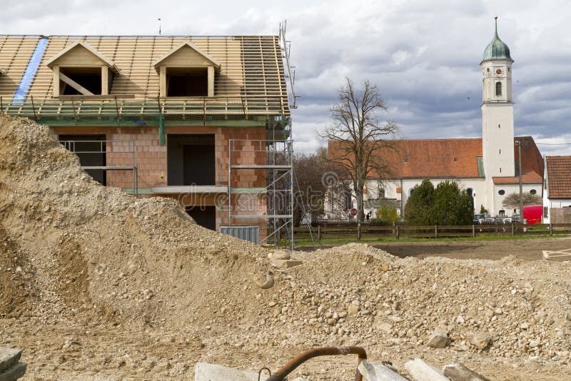 Brick Construction Site and Church, Germany Stock Photo - Image of firm ...