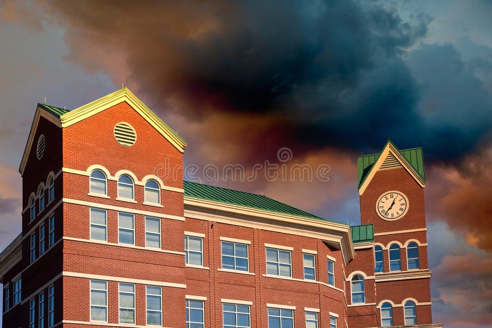 Brick Courthouse with Clock at Dusk Stock Image - Image of courthouse ...