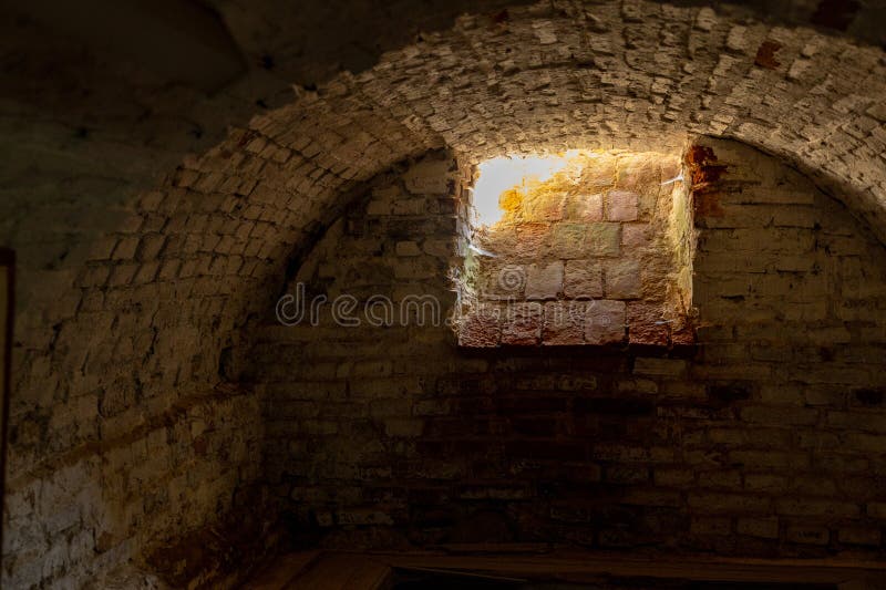 Brick Dark Dungeon. Brick-lined Cellar or Basement with a Small Window ...