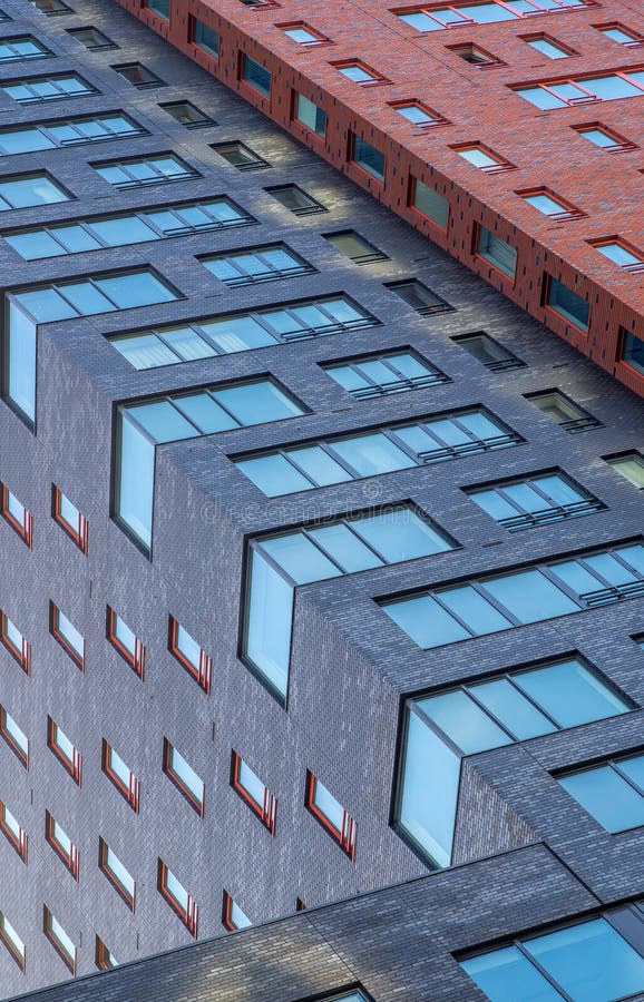 Brick Facades in Red En Blue Bricks Stock Image - Image of glass ...