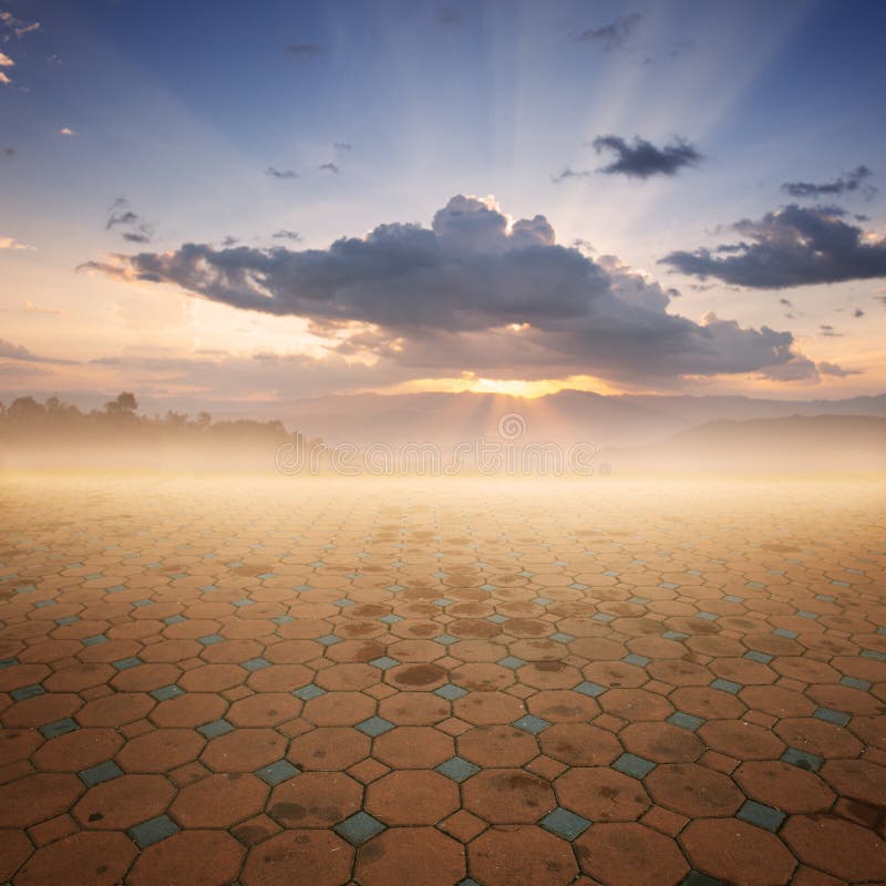 Brick Floor And Sunset For Background Stock Photo - Image of empty ...