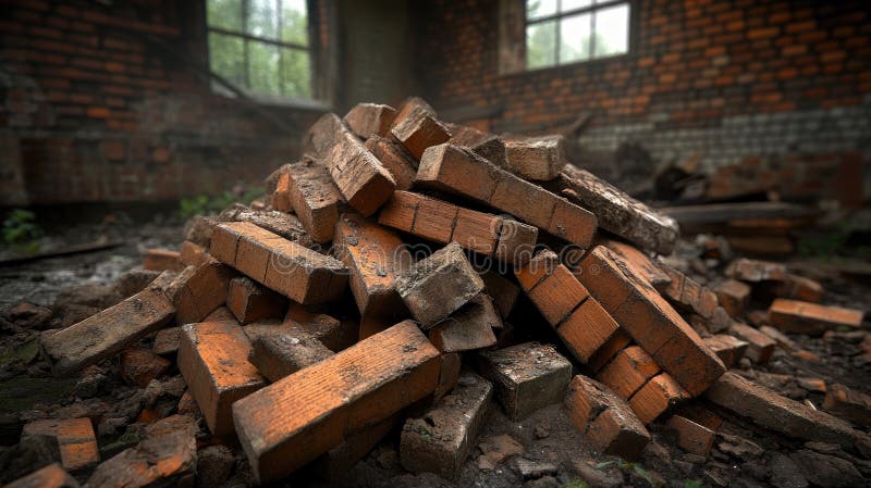 Brick Fragments Lie on the Ground after a Wall Collapse, while ...