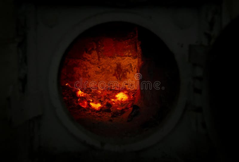 Brick Furnace with Fire and Ember, Round Door Stock Image - Image of ...
