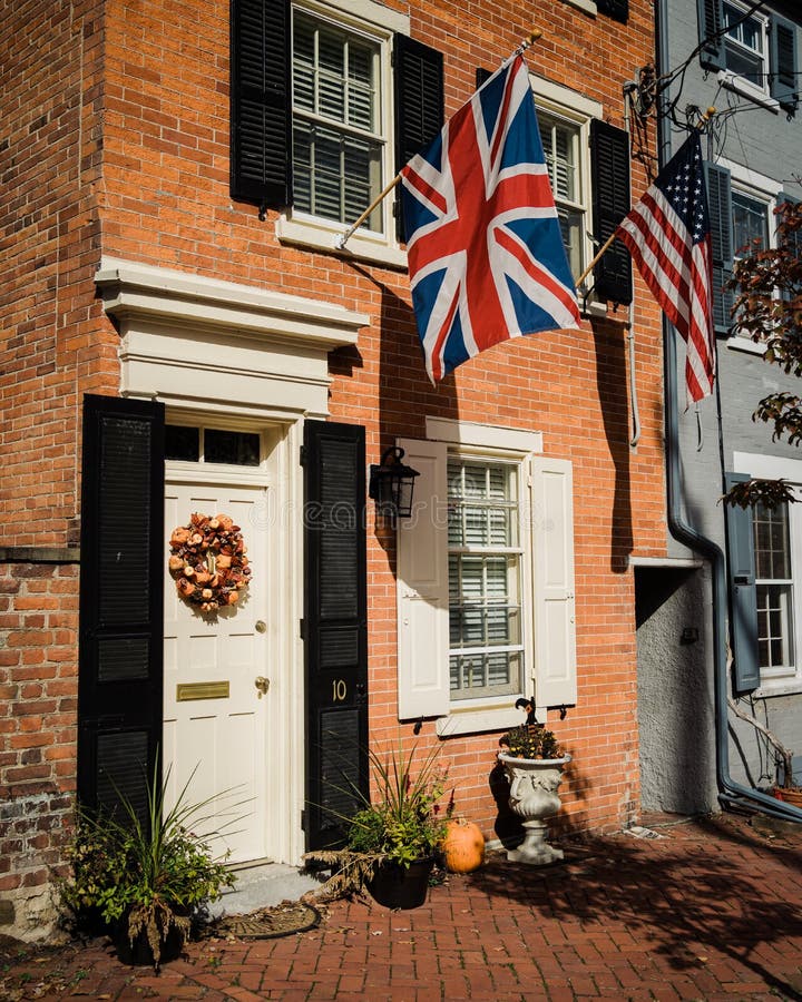 Brick House with American and British Flags, New Castle, Delaware Stock ...