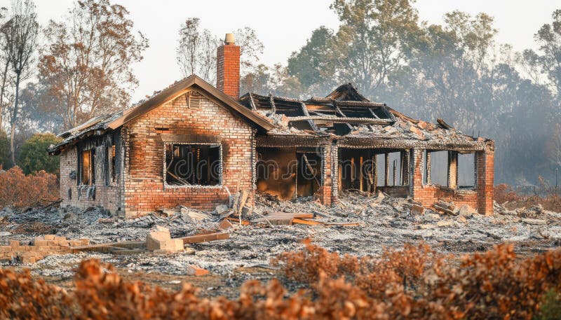 Brick House Burning Down in Wildfire Leaving Debris and Ash Stock Photo ...
