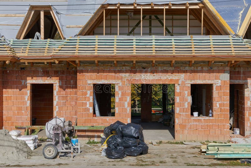 Brick House Construction stock image. Image of detached - 165594851