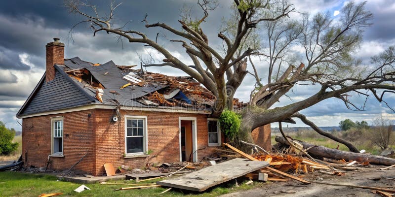 Brick House Damaged by Fallen Tree after Storm. Generative AI Stock ...